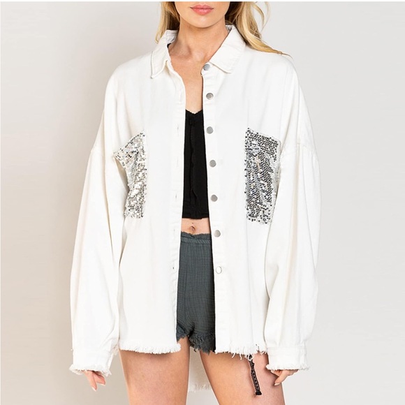 POL | Jackets & Coats | Nwt Pol White Denim Sparkle Pocket Shacket ...